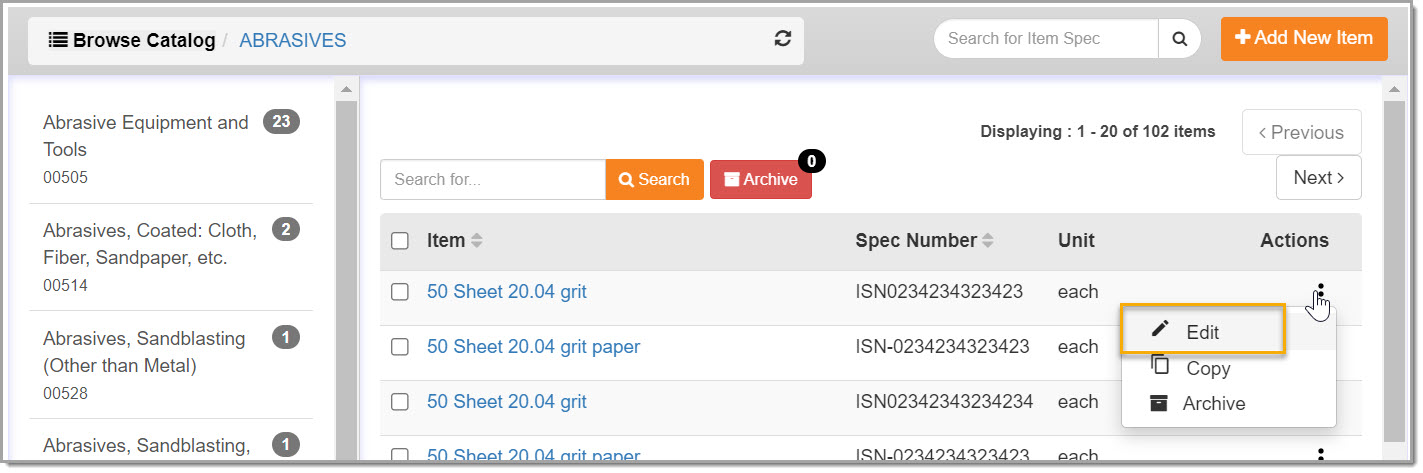 Manage Solicitation Item Spec Library